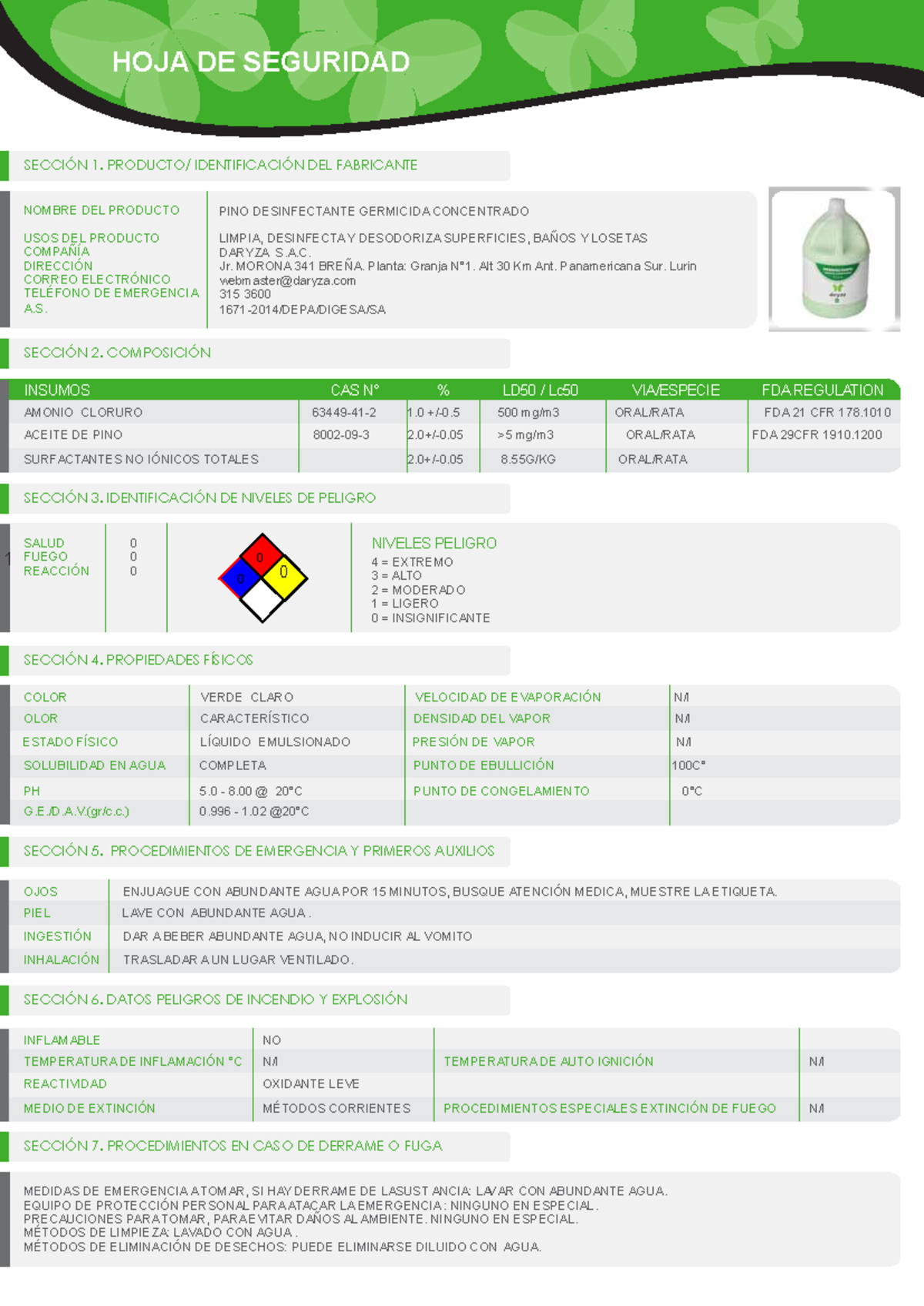 Hoja MSDS Cera Germicida - HOJA DE SEGURIDAD SECCIÓN 1. PRODUCTO ...