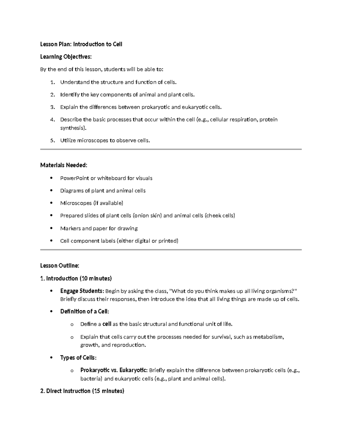 Lesson Plan about cells - Lesson Plan: Introduction to Cell Learning ...
