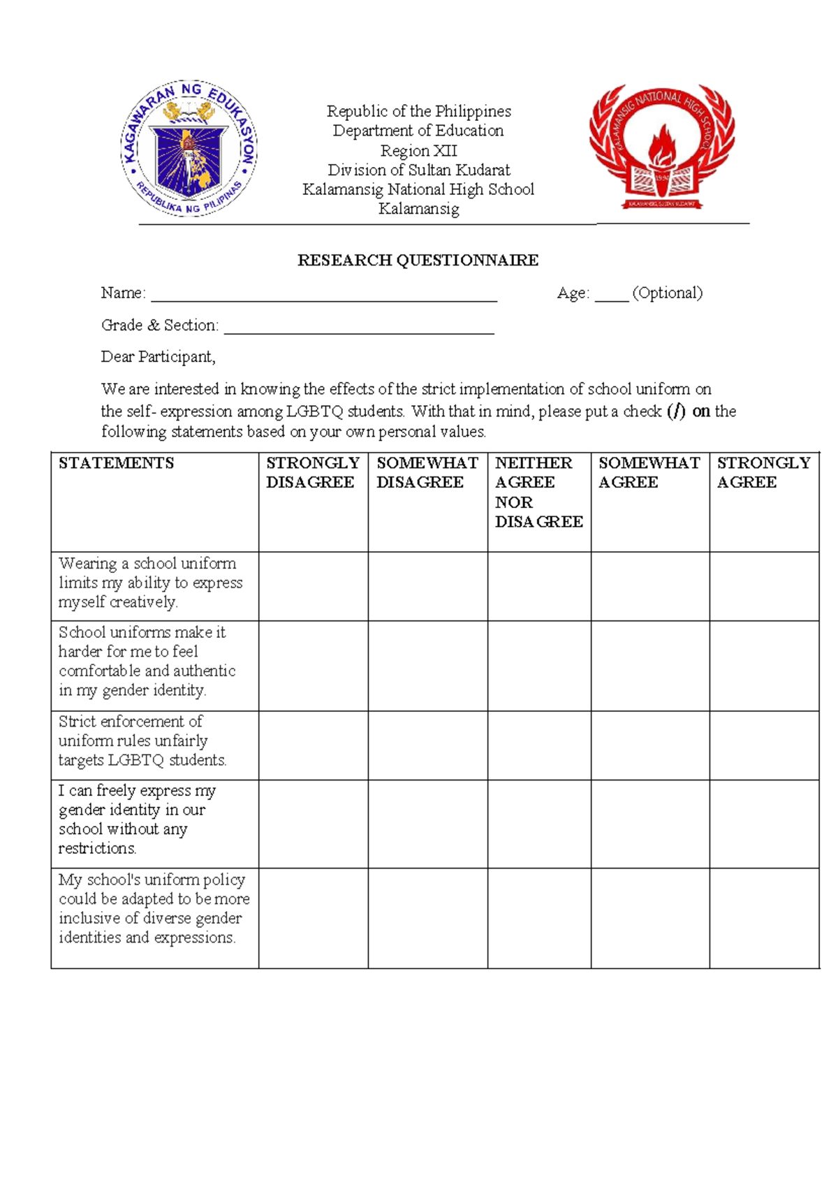 Research Questionnaire - Republic of the Philippines Department of ...