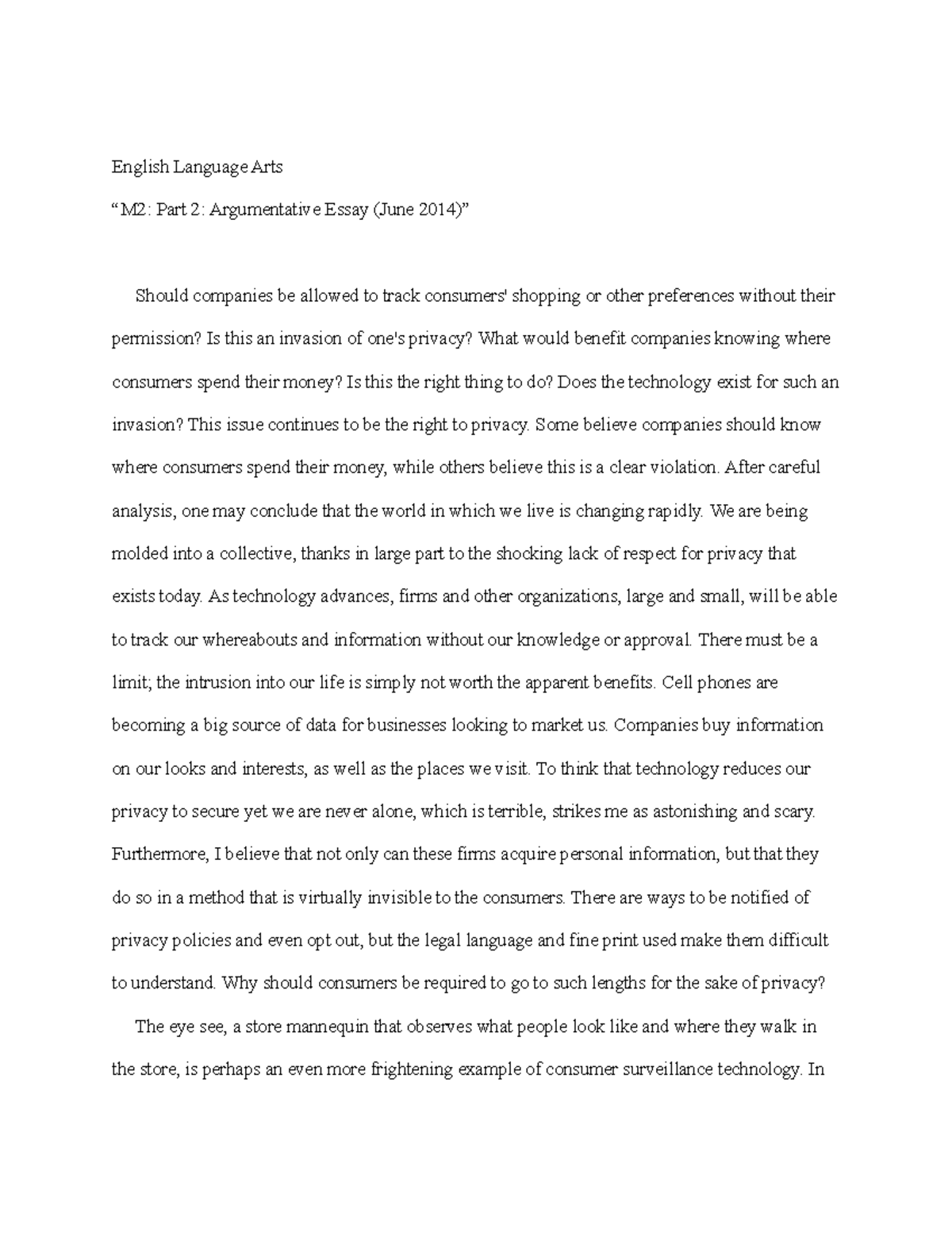 - M2 Part 2 Argumentative Essay (June 2014 )-3 - English Language Arts ...