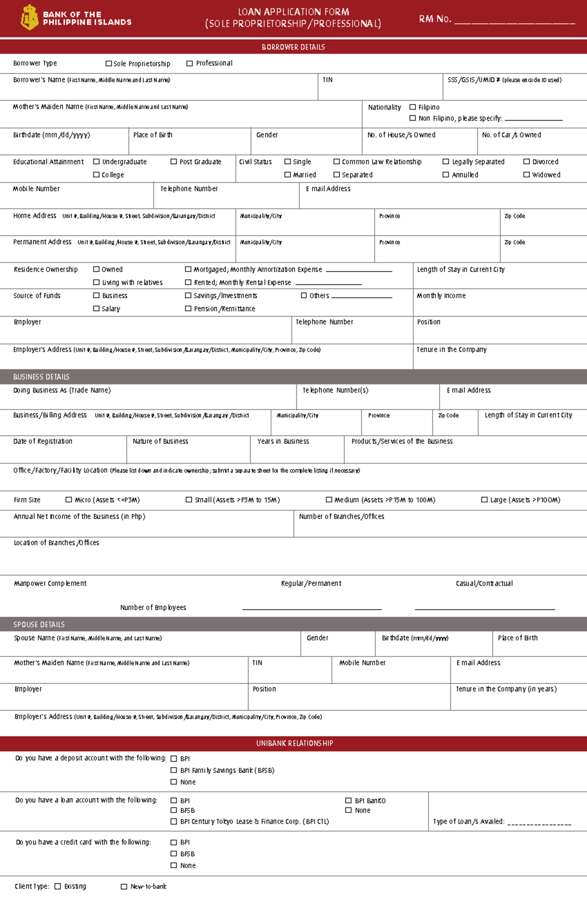 BPI1 Kxosodksk LOAN APPLICATION FORM BUSINESS DETAILS UNIBANK