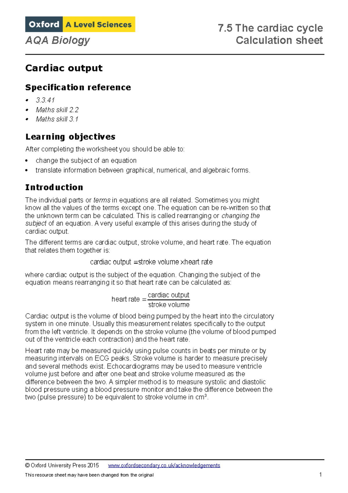 Summary notes for biology a level aqa - AQA Biology Cardiac output ...