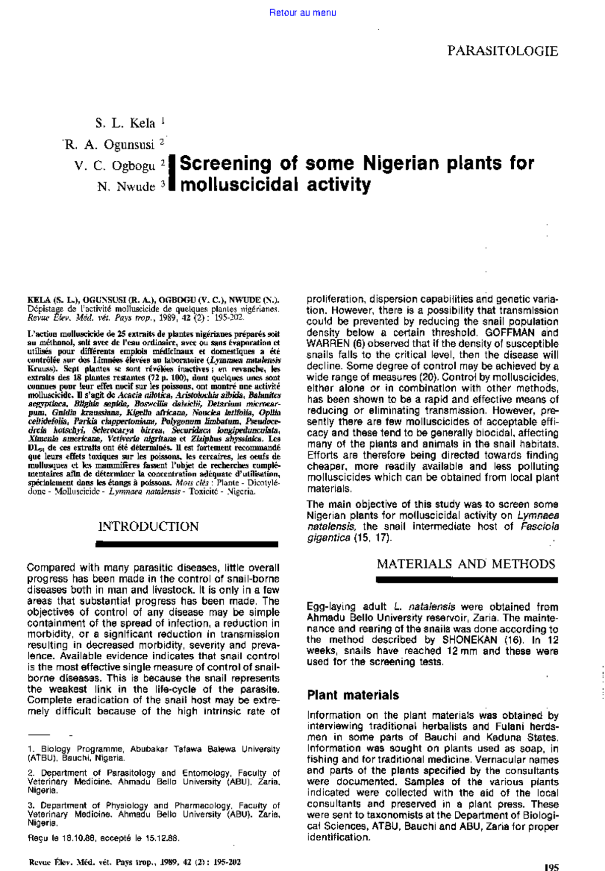 Dbastia,+195-202EN-KELA - PARASITOLOGIE S. L. Kela 1 ‘R. A. Ogunsusi 2 V. C. Ogbogu 2 ####### i ...