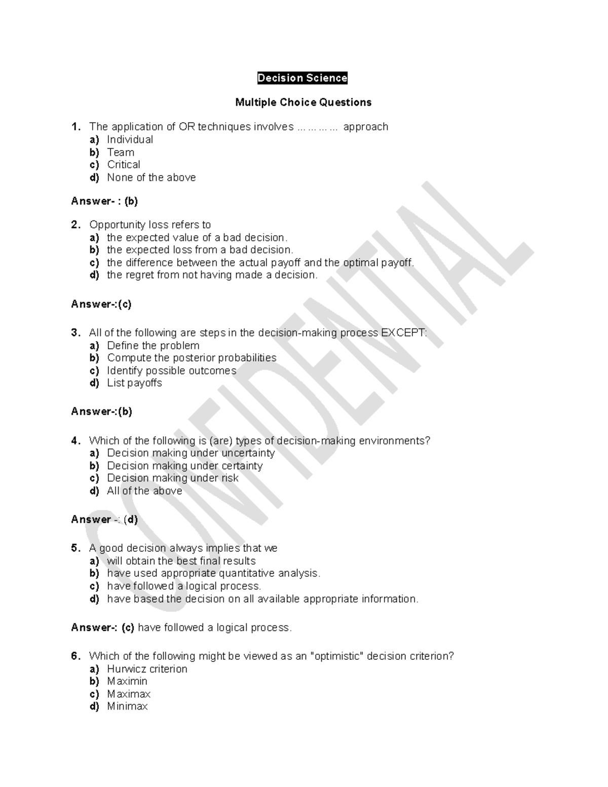 273688234 Decision Science MCQ - Decision Science Multiple Choice ...