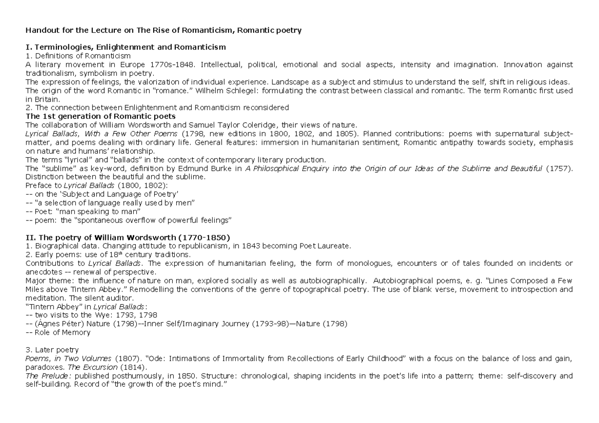 Romanticism handout - Handout for the Lecture on The Rise of ...