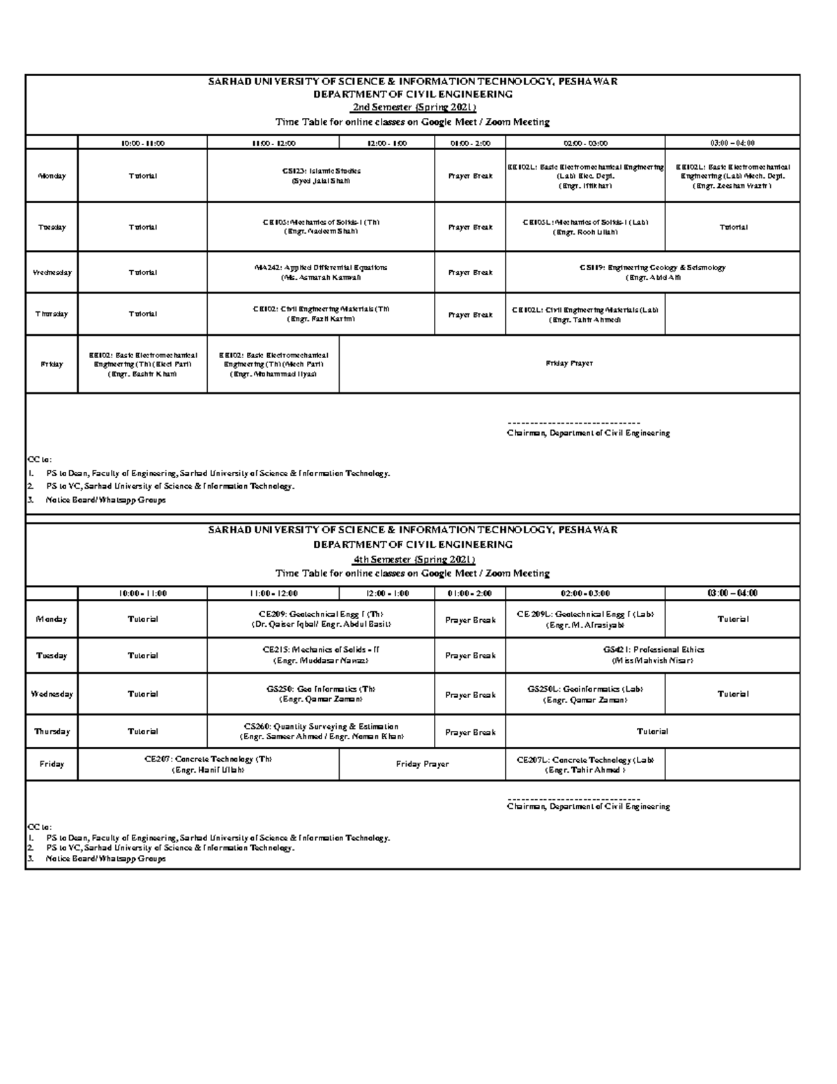 Online Time Table Spring 2021 - 10:00 - 11:00 11:00 - 12:00 12:00 - 1: ...