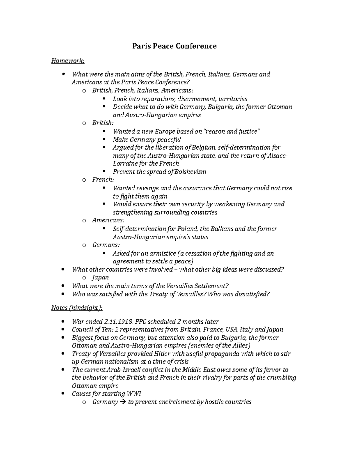 Paris Peace Conference hw+notes - Paris Peace Conference Homework: What ...