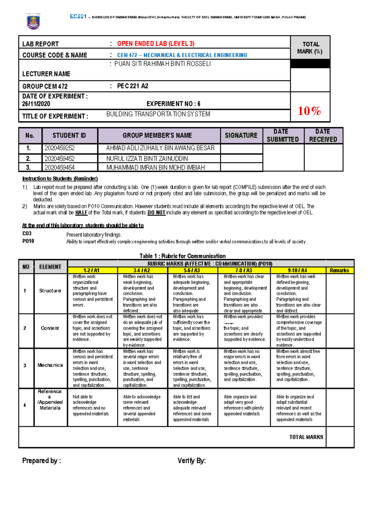 Building Transportation System Lab Report - Civil Engineering ...