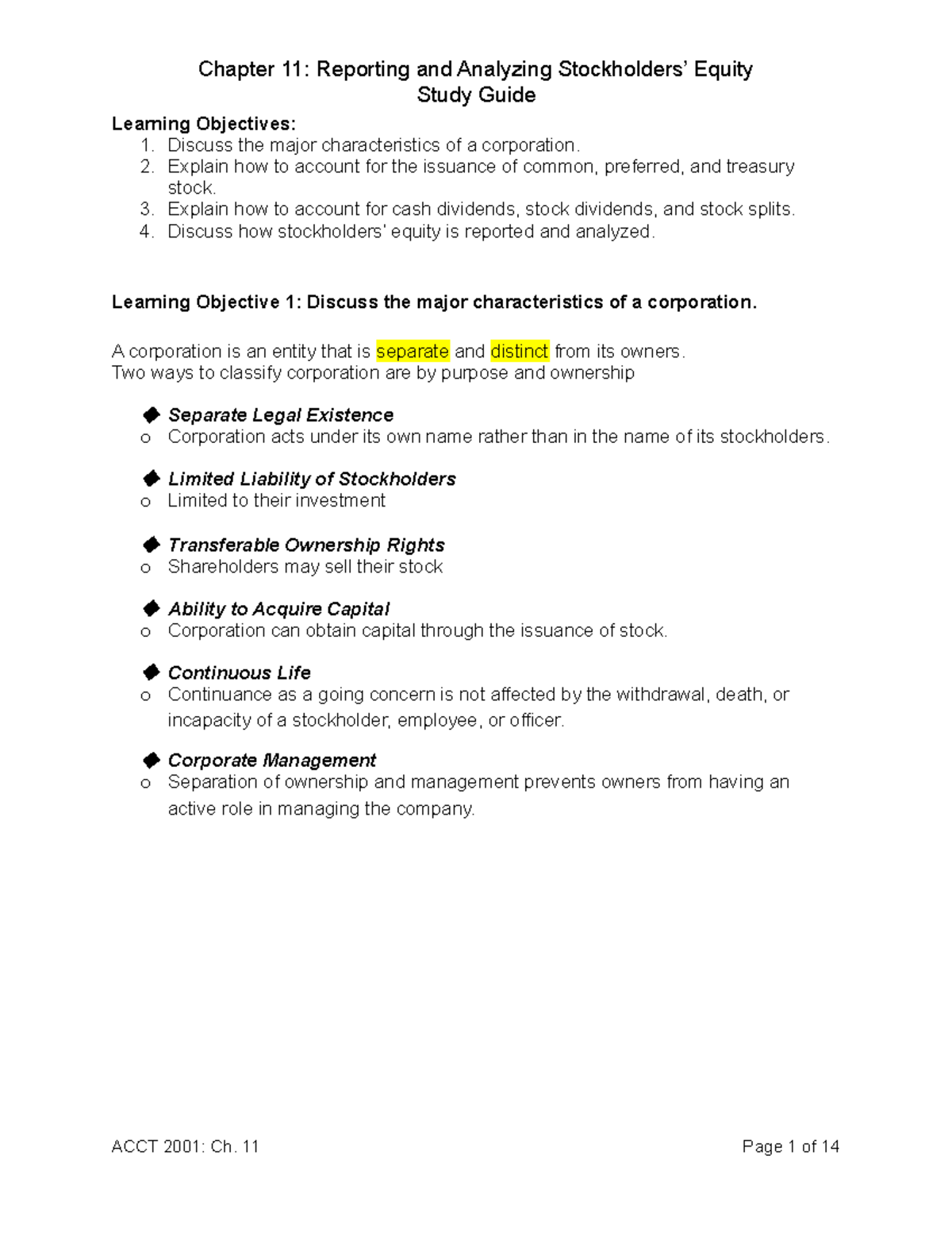 ACCT 2001 Chapter 11 Study Guide - Study Guide Learning Objectives: 1. Discuss the major - Studocu