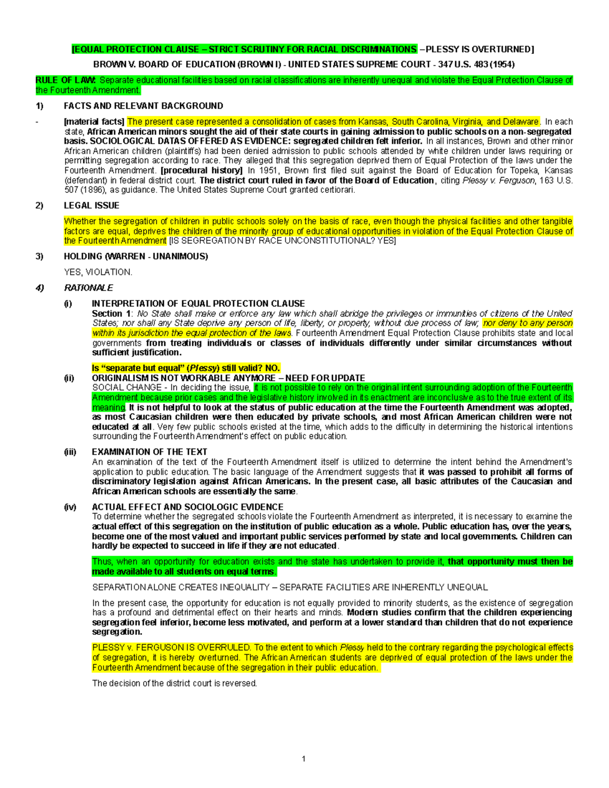 Case brief Brown v. Board OF Education - [EQUAL PROTECTION CLAUSE ...