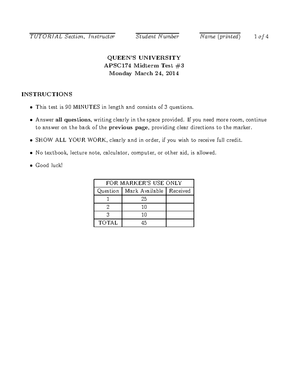 Exam 2014, Questions and answers - Mid-term 3 - T UT ORIAL Section, Instructor Student Number ...