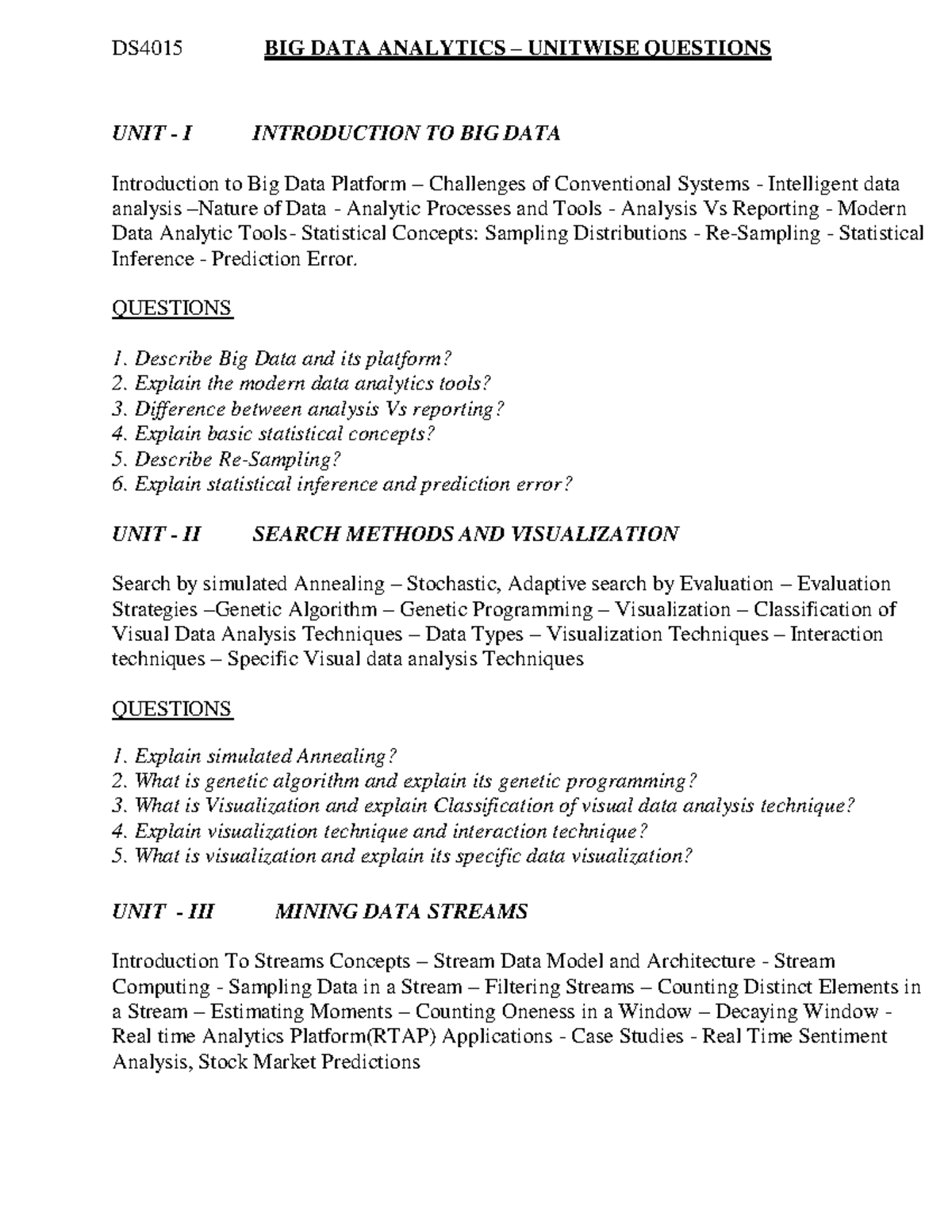 DS4015-BDA- Unitwise Questions - DS4015 BIG DATA ANALYTICS – UNITWISE QUESTIONS UNIT - I - Studocu