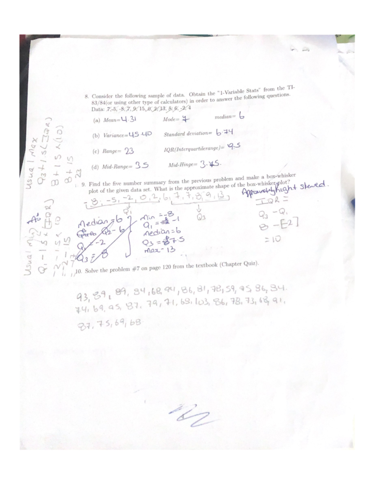 Consider the following sample of data. Obtain the 1-Variable Stats from ...