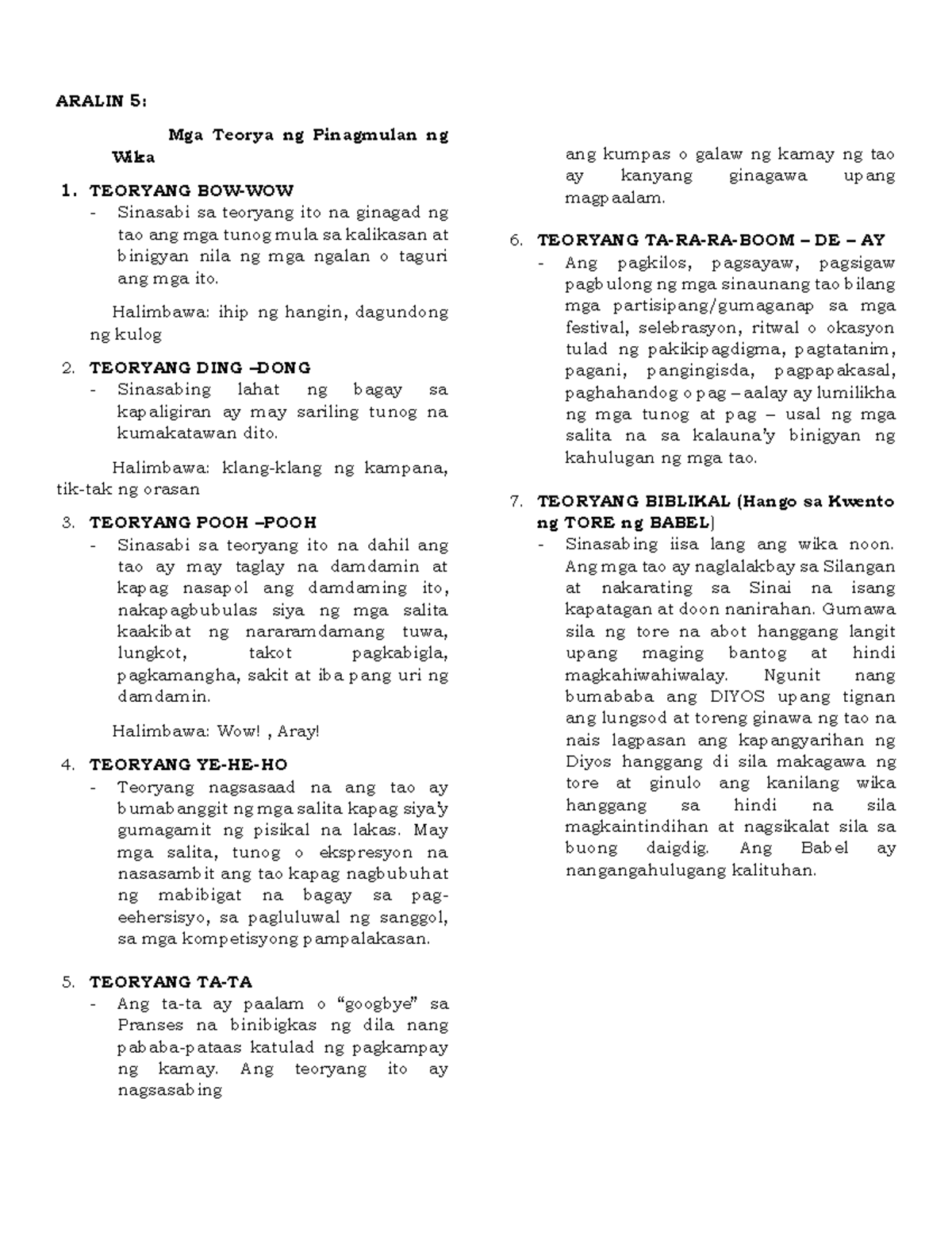 Lecture 5 AND 6 - FILIPINO 11 - ARALIN 5: Mga Teorya ng Pinagmulan ng Wika TEORYANG BOW-WOW ...
