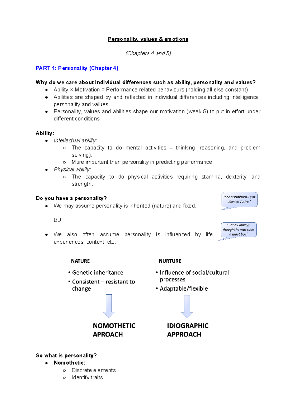 MGMT 211 Weeks 2-5 Notes - Personality, values & emotions (Chapters 4 ...