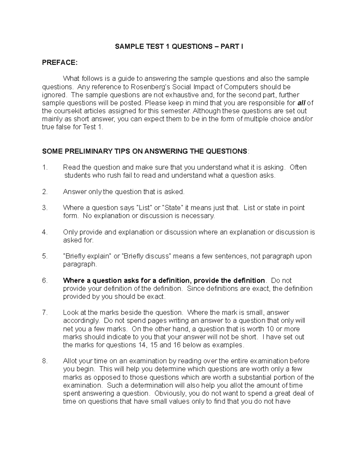 Sample Questions - SAMPLE TEST 1 QUESTIONS – PART I PREFACE: What ...