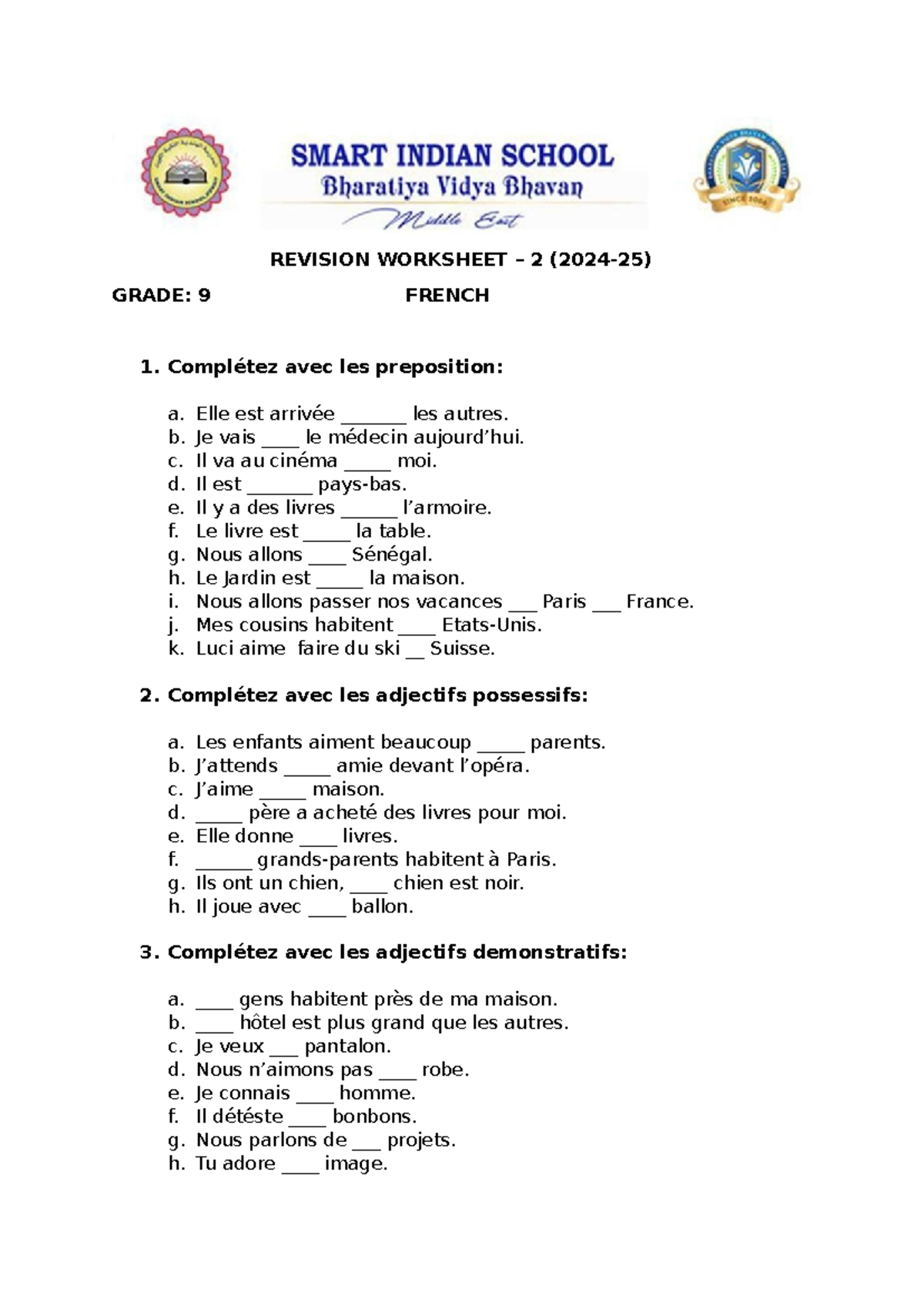 French Worksheet - REVISION WORKSHEET – 2 (2024-25) GRADE: 9 FRENCH ...