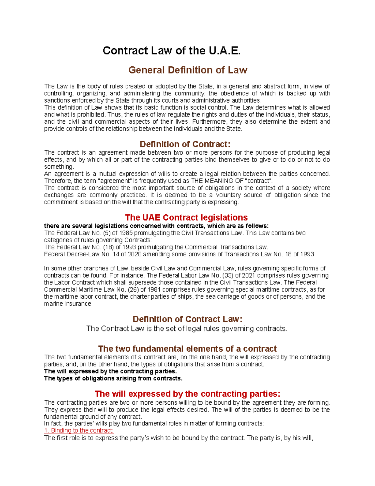 Contract Law of the UAE - A. General Definition of Law The Law is the ...
