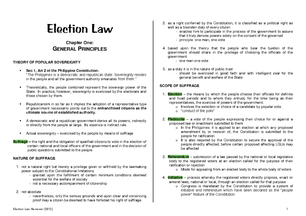 Election Law Reviewer - Election Law Chapter One: GENERAL PRINCIPLES ...