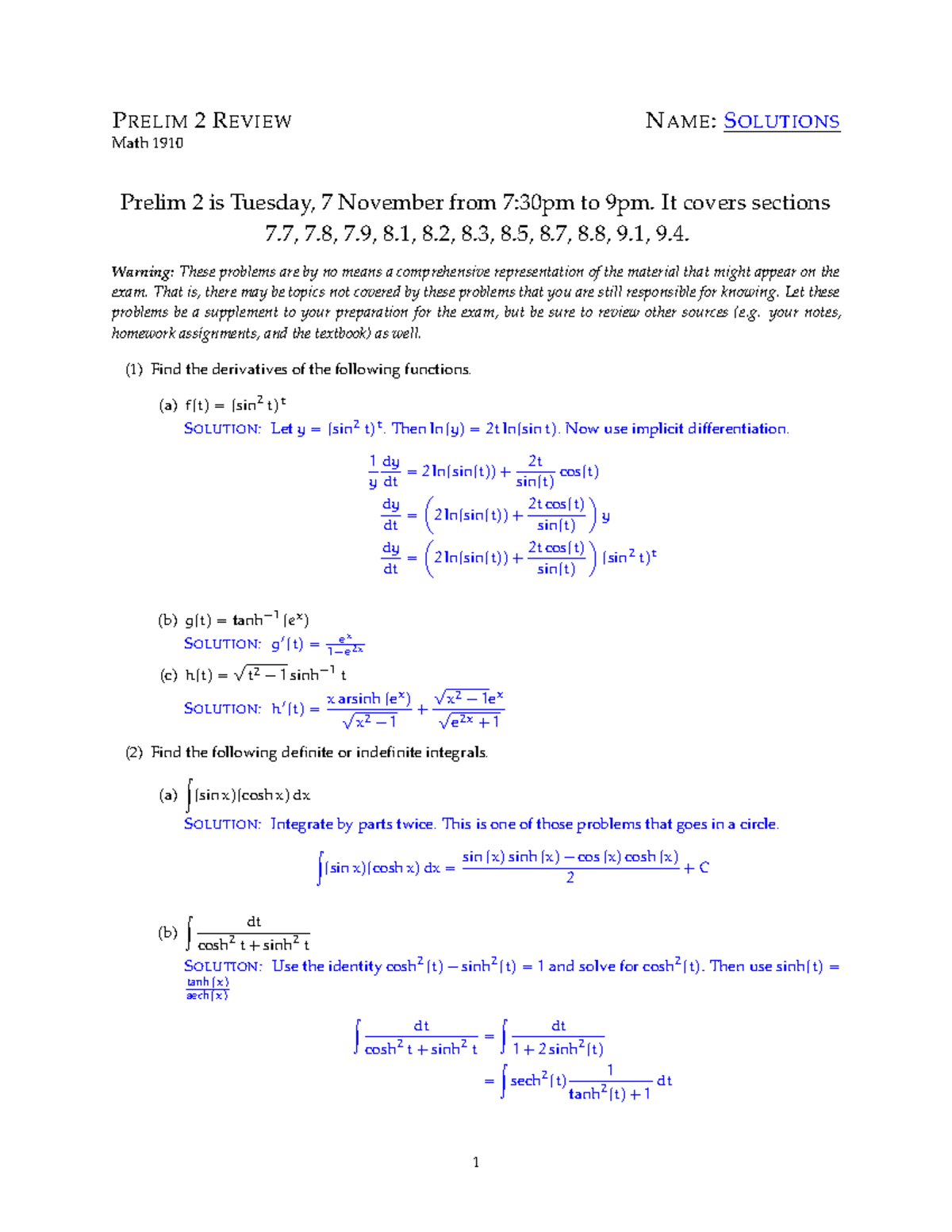 1910fa17 prelim 2 review solutions - PRELIM 2 REVIEW NAME: SOLUTIONS ...
