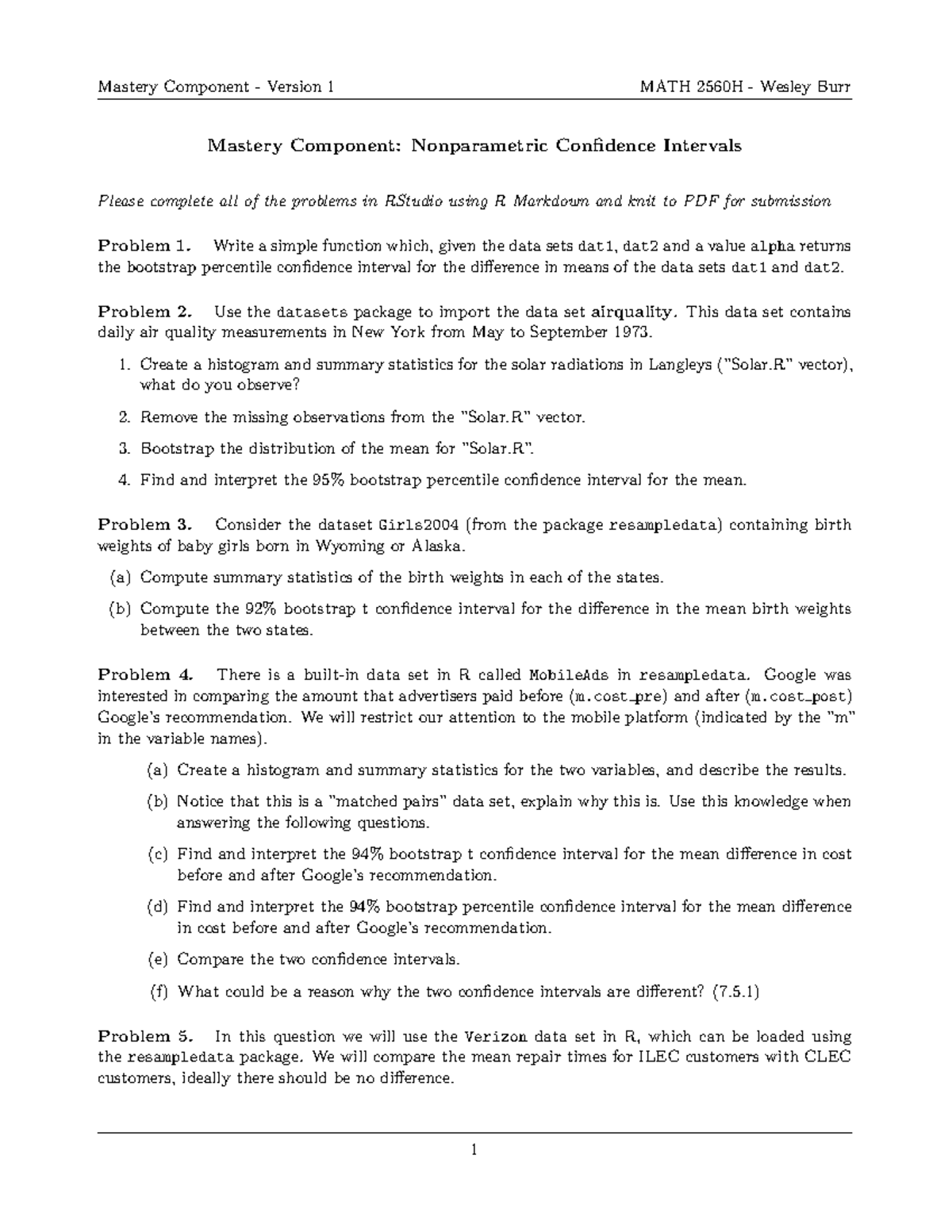 2560WI21 Nonparametric CI v1 - Mastery Component - Version 1 MATH 2560H - Wesley Burr Mastery ...