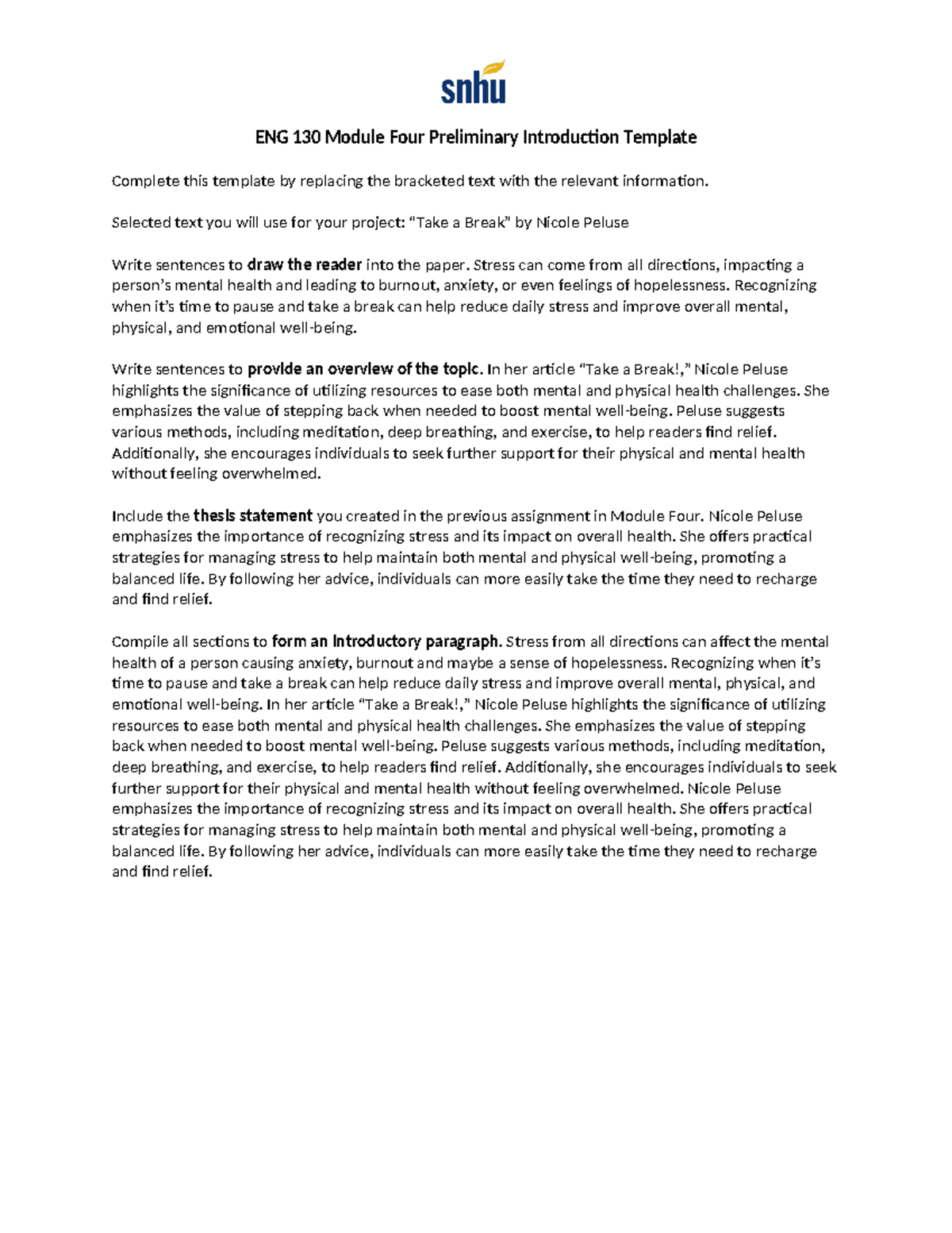 ENG 130 Module Four Preliminary Introduction Template - Selected text ...