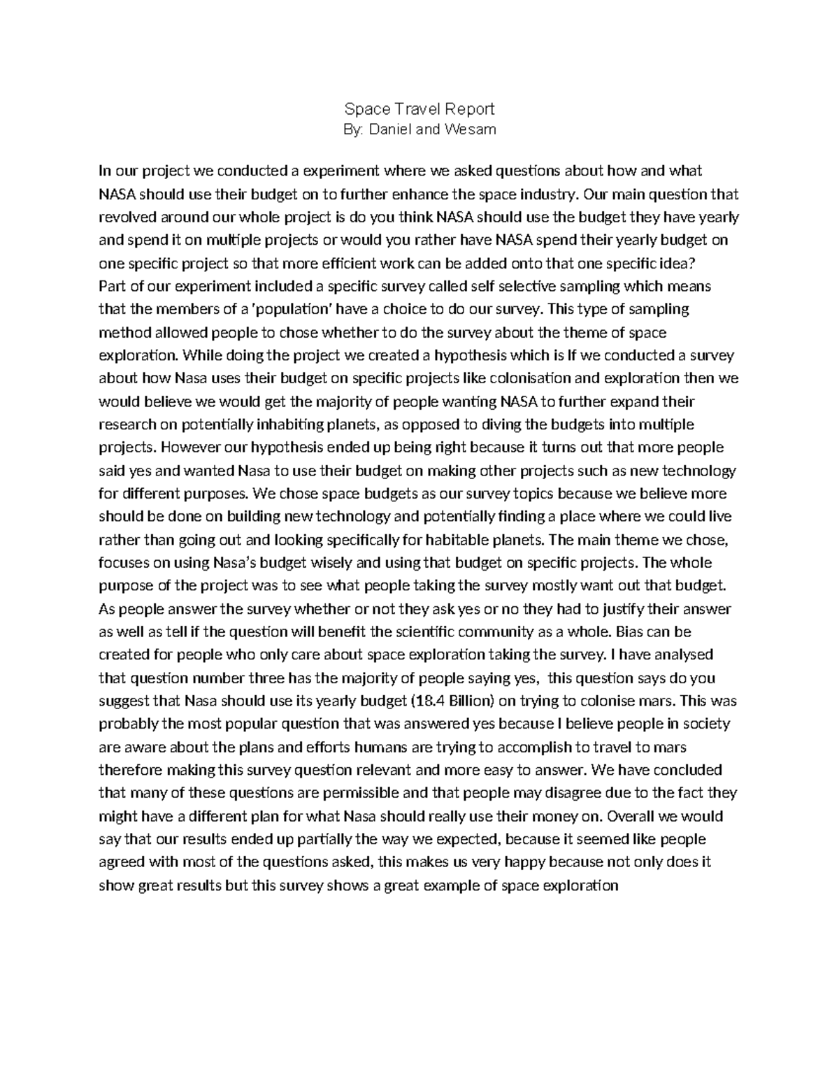 Project Report - isa - Space Travel Report By: Daniel and Wesam In our ...