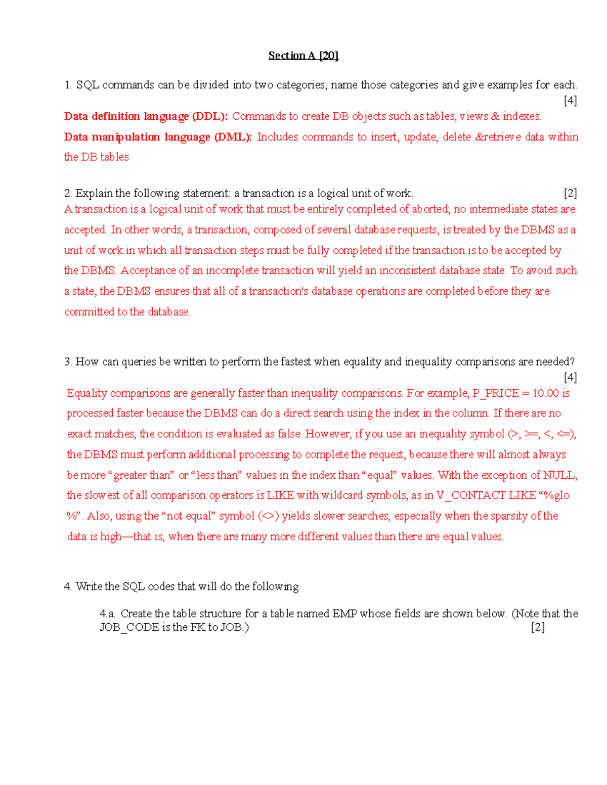Re Exam Revision Section A C Section A 20 Sql Commands Can Be