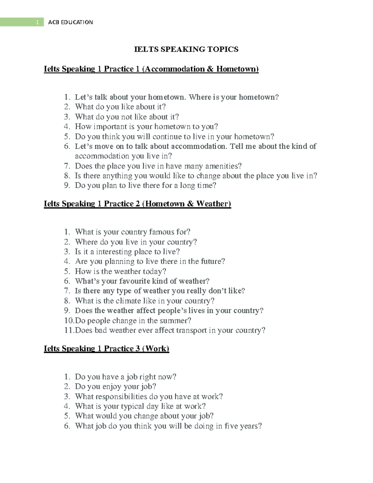 Ielts Speaking Topics - IELTS SPEAKING TOPICS Ielts Speaking 1 Practice ...