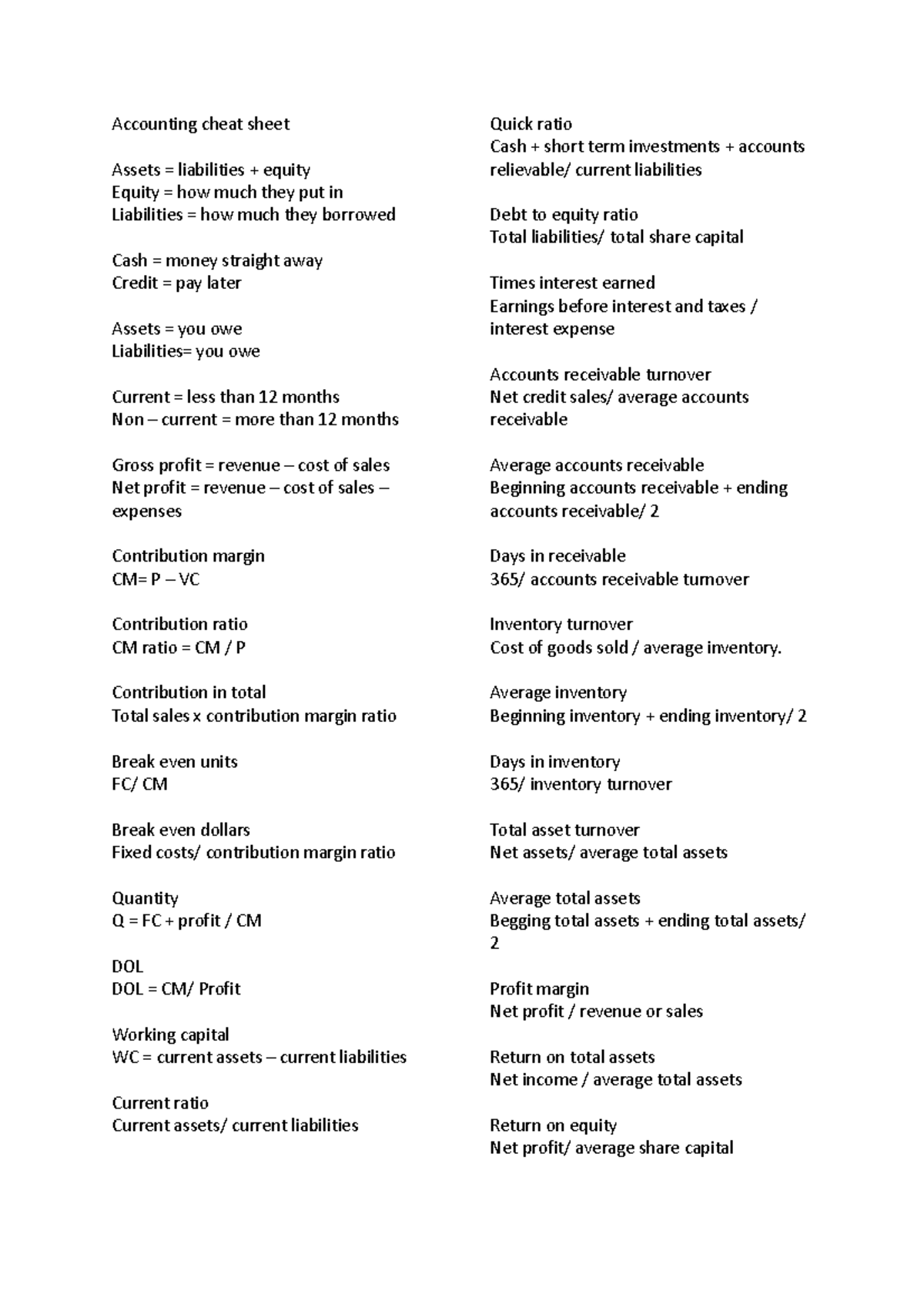Accounting cheat sheet - Accounting cheat sheet Assets = liabilities ...