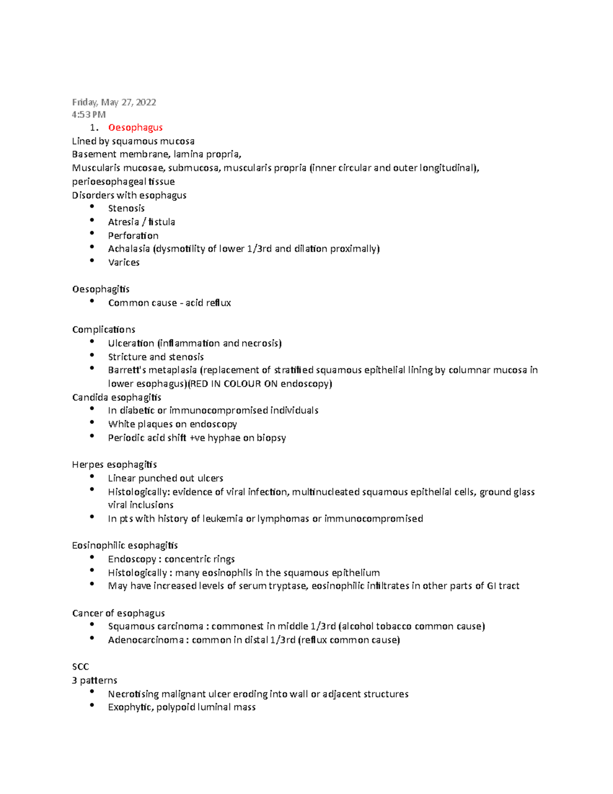 GI pathology - notes - Friday, May 27, 20224:53 PM 1. Oesophagus Lined ...