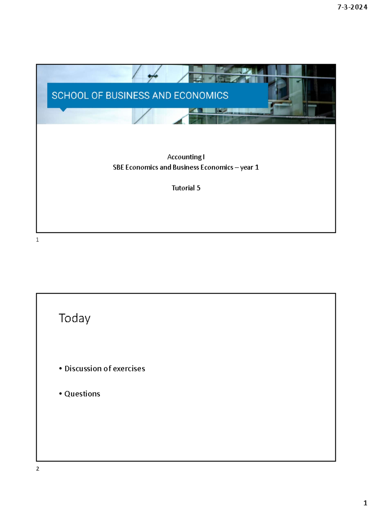 Week 5 - Tutorial exercise solutions - Accounting I SBE Economics and Business Economics – year ...