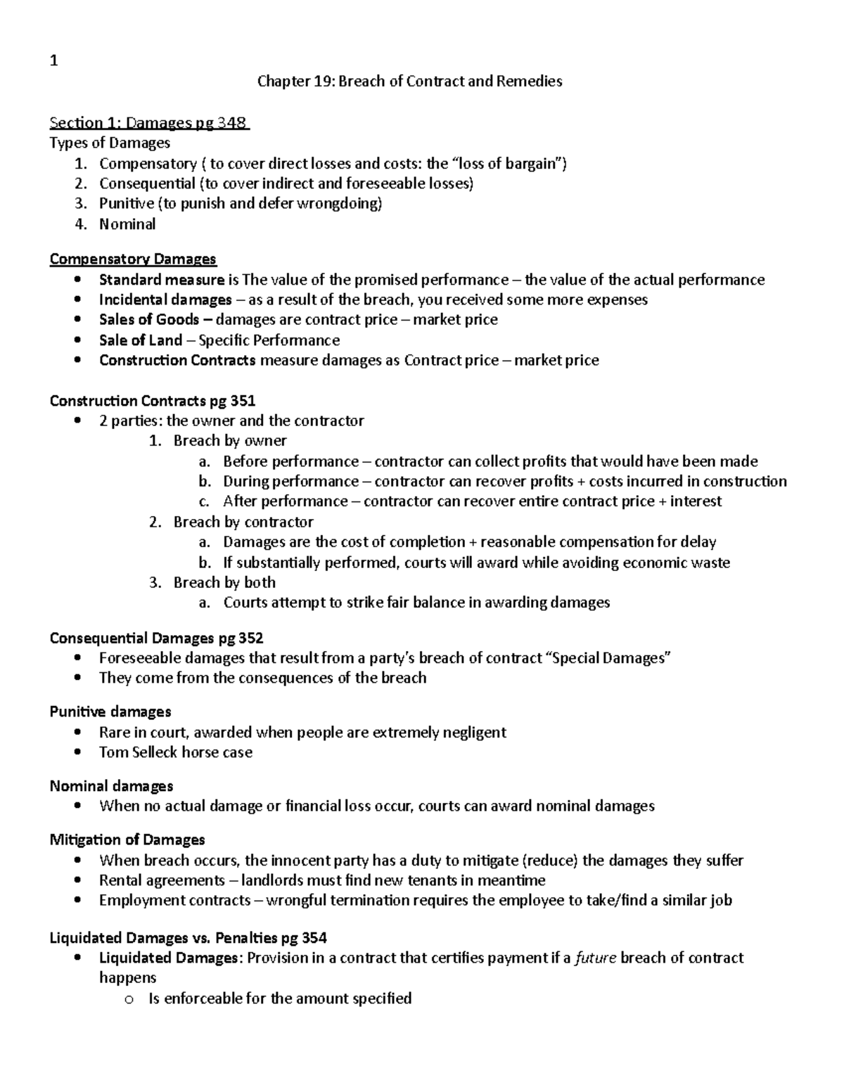 BLAW 424 Chapter 19 Notes - 1 Chapter 19: Breach of Contract and ...