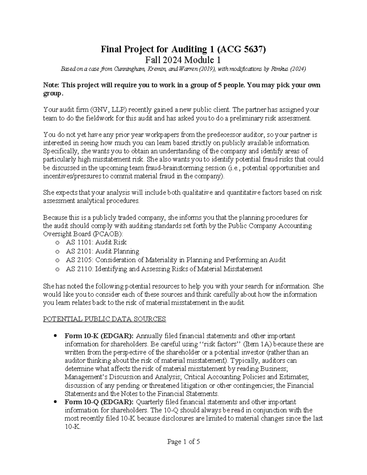 Auditing 1 Project 2024 - Final Project for Auditing 1 (ACG 5637) Fall ...