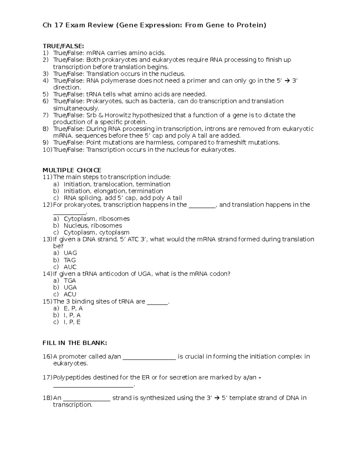 Ch 17 Exam Review Worksheet - Ch 17 Exam Review (Gene Expression: From ...