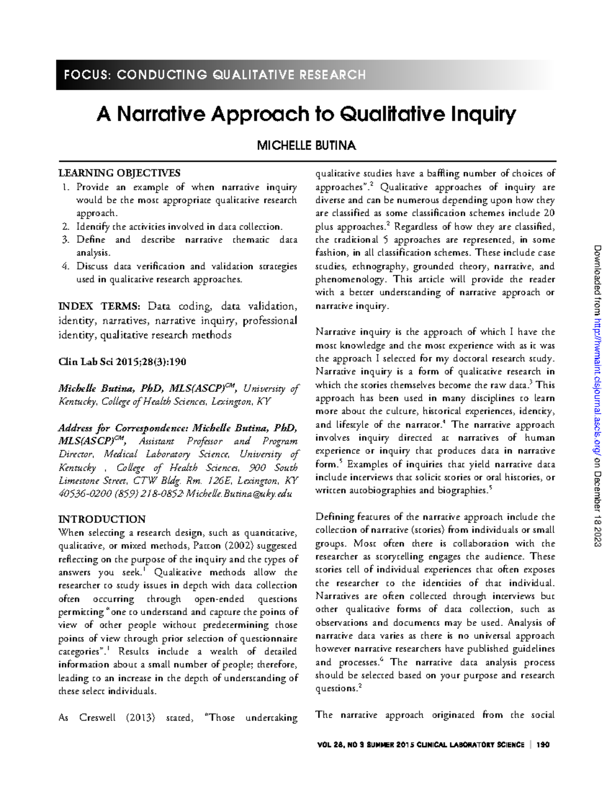 190 - dgsdg - A Narrative Approach to Qualitative Inquiry MICHELLE ...