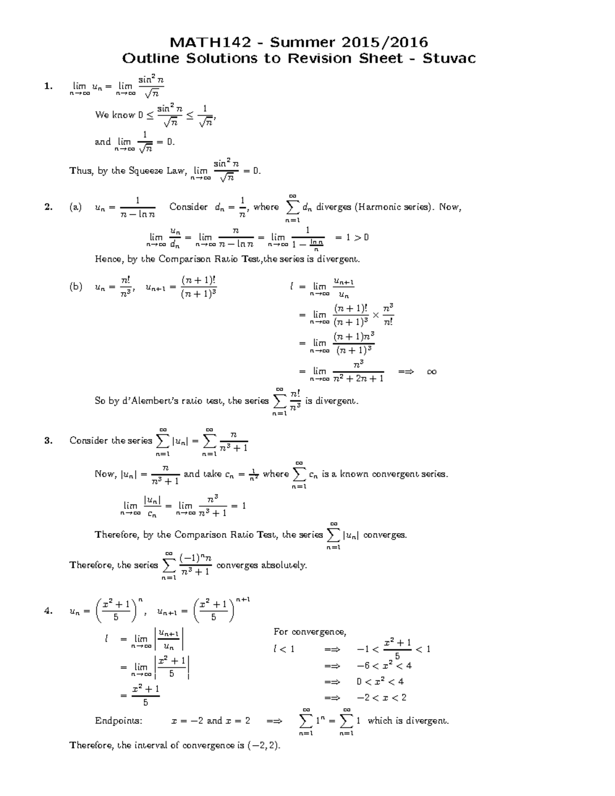 M142 revision Soln - lecture notes - MATH142 - Summer 2015/ Outline ...