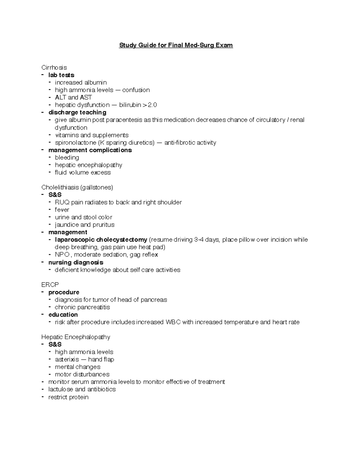 Medsurgstudy Final - Study Guide for Final Med-Surg Exam Cirrhosis ...