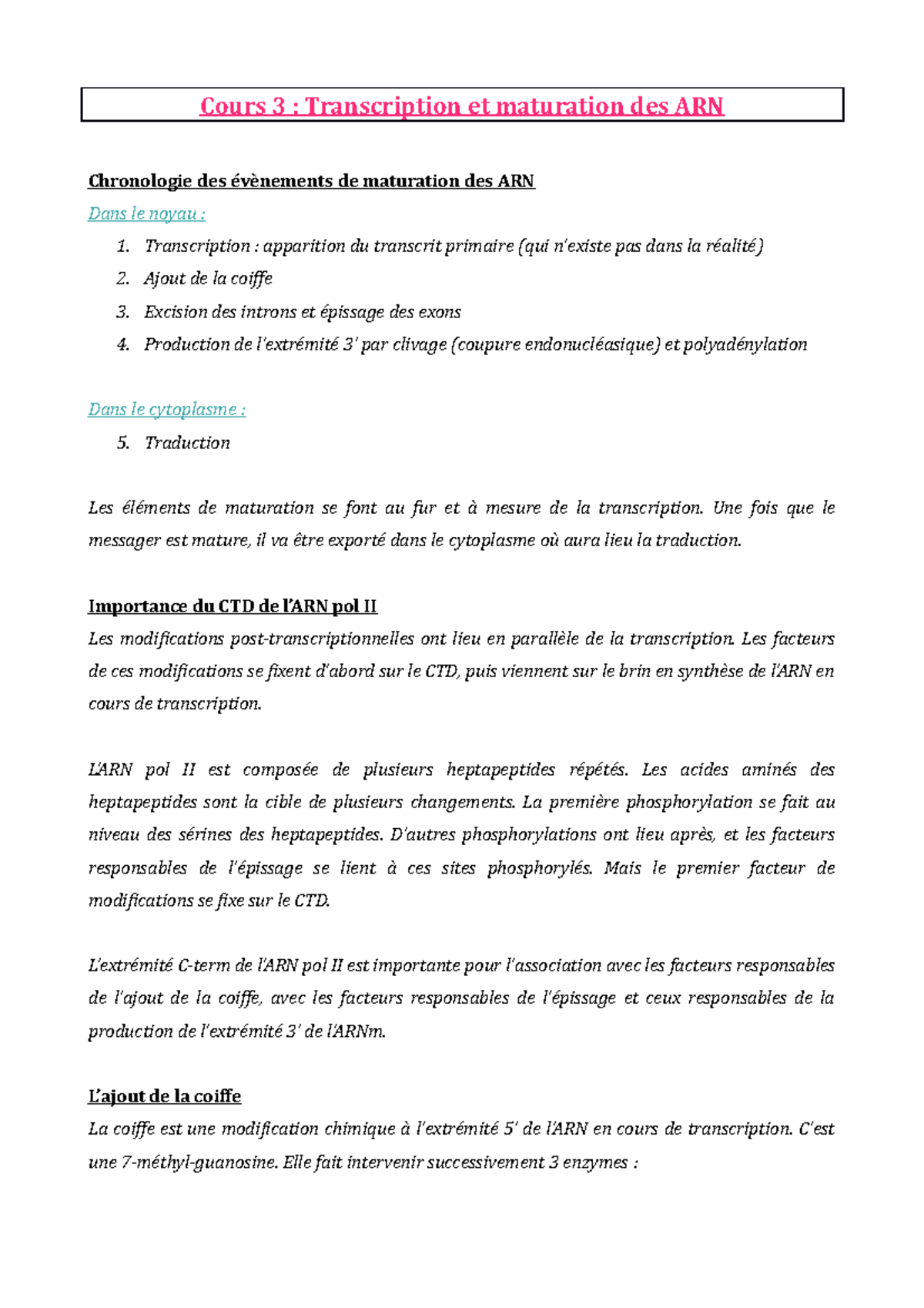 Cours 3 -Transcription et maturation des ARN - Cours 3 : Transcription ...