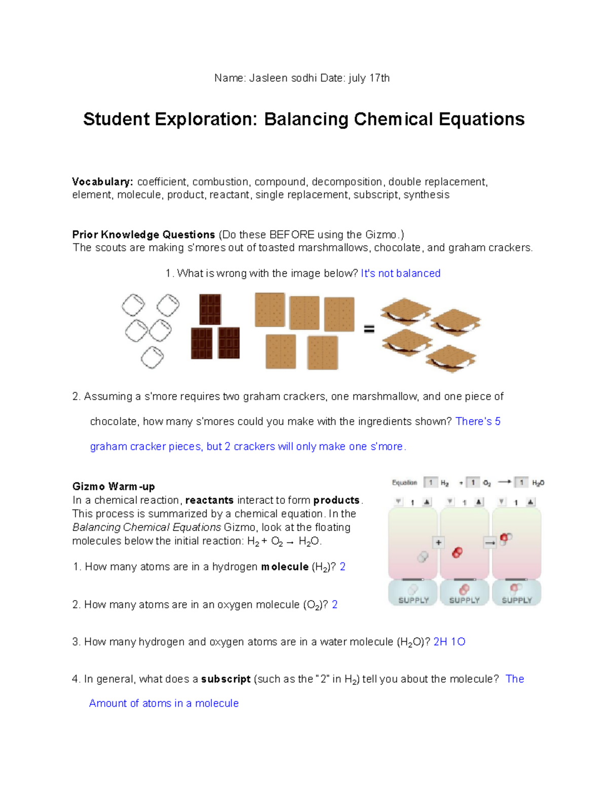 Balancing Chem Equations SE - Name: Jasleen sodhi Date: july 17th ...