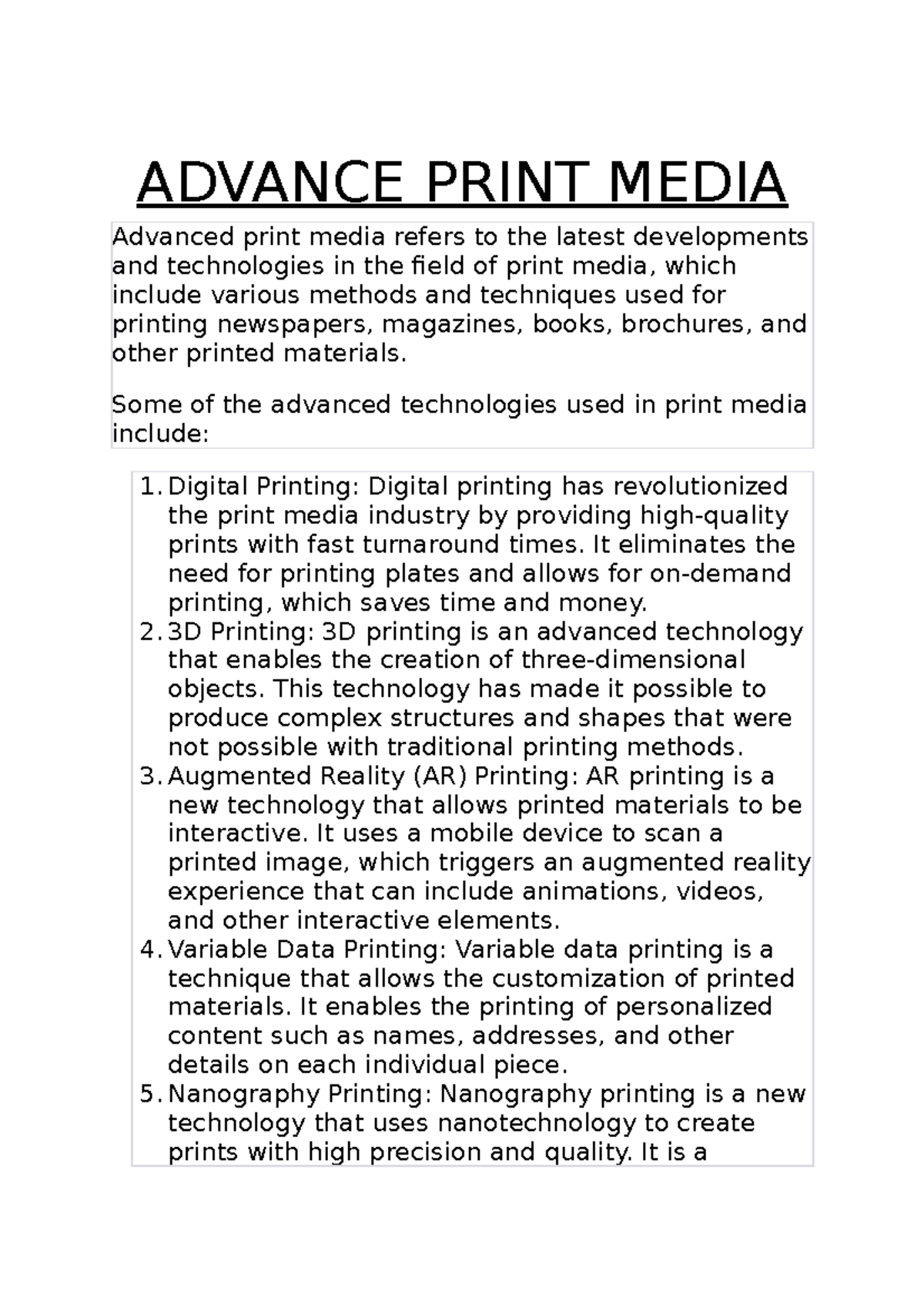 Advance Print Media - ADVANCE PRINT MEDIA Advanced print media refers ...