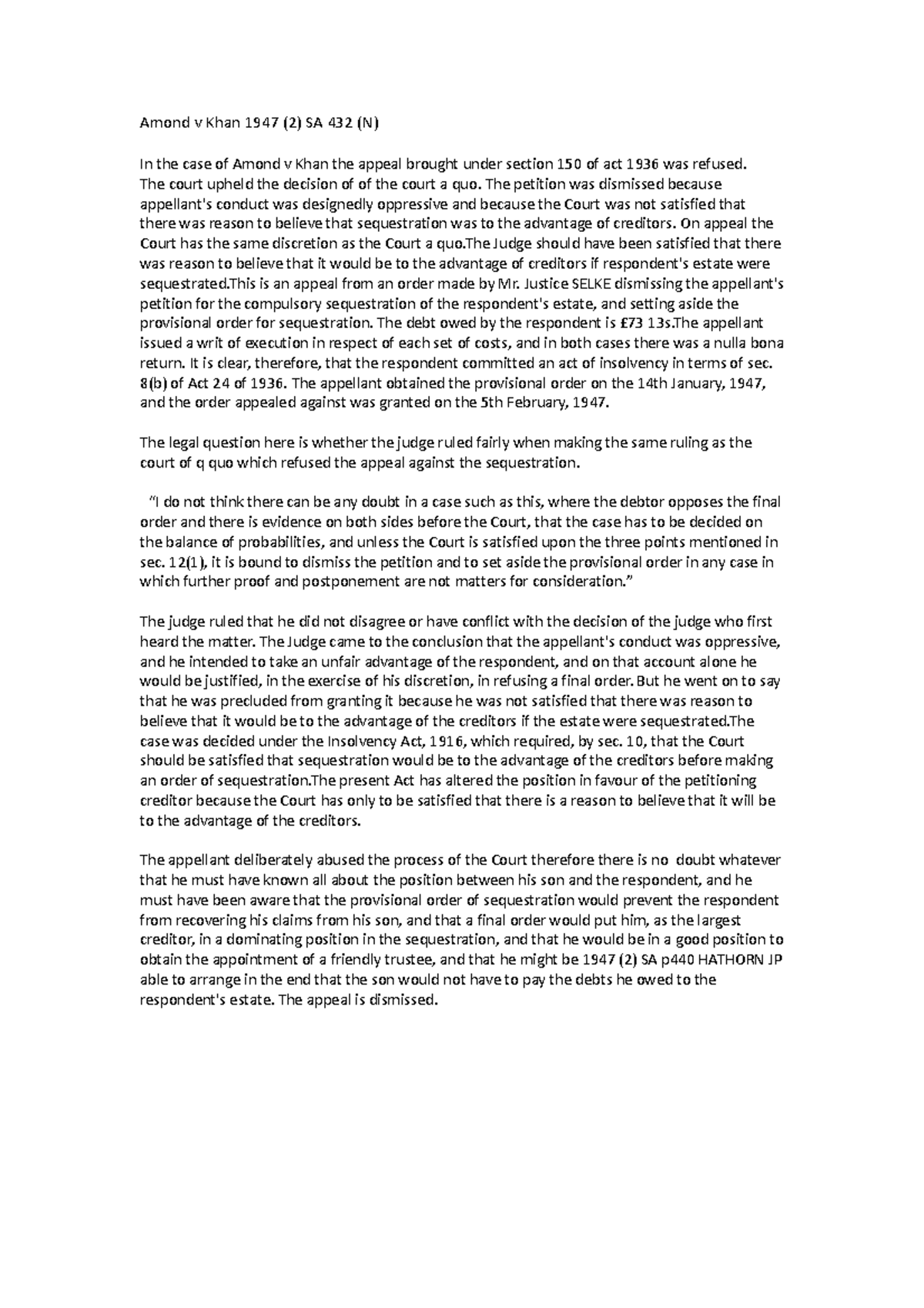 Amond v Khan 1947 - This is an assignment completed - Amond v Khan 1947 ...