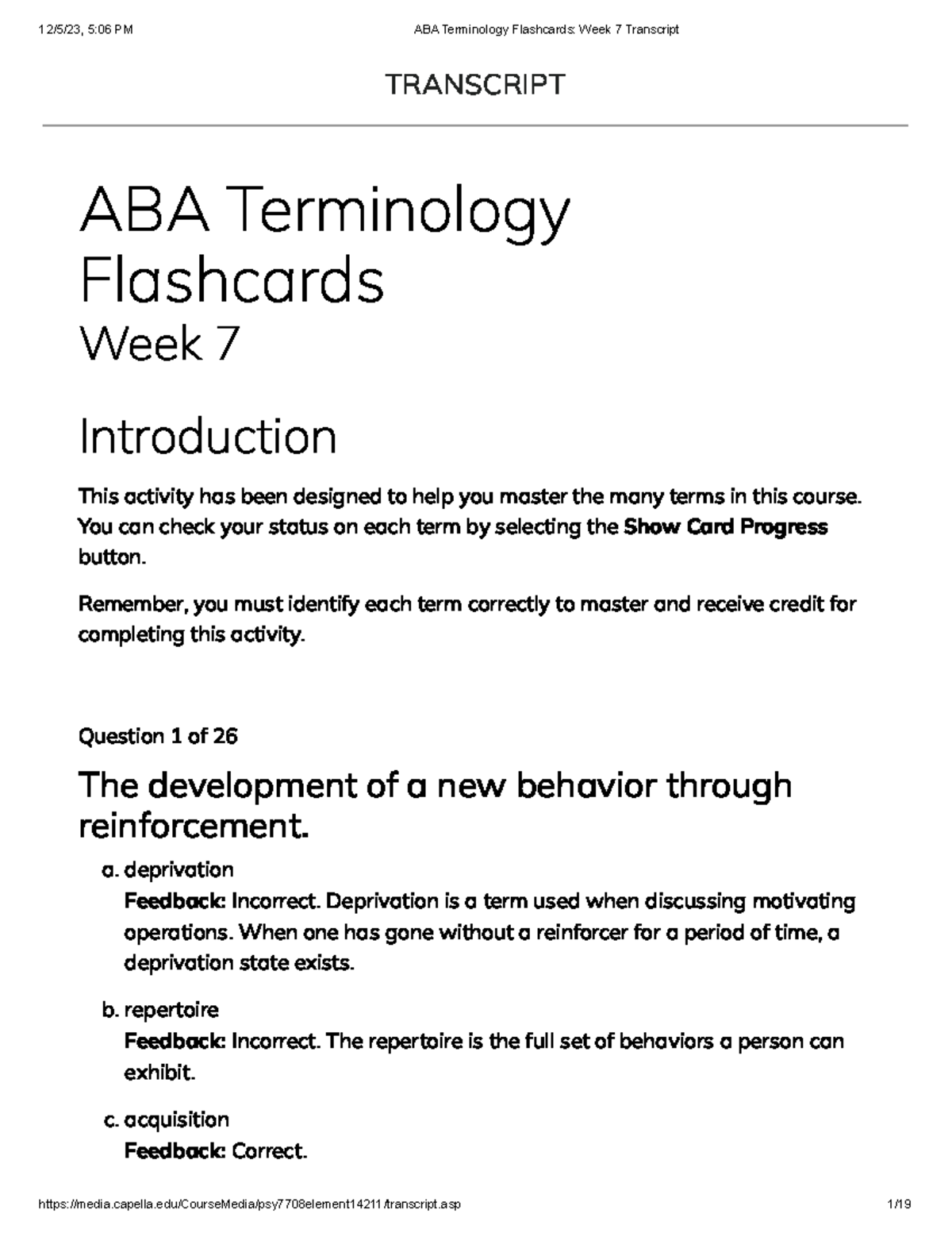 ABA Terminology Flashcards Week 7 Transcript - TRANSCRIPT ABA Terminology Flashcards Week 7 ...