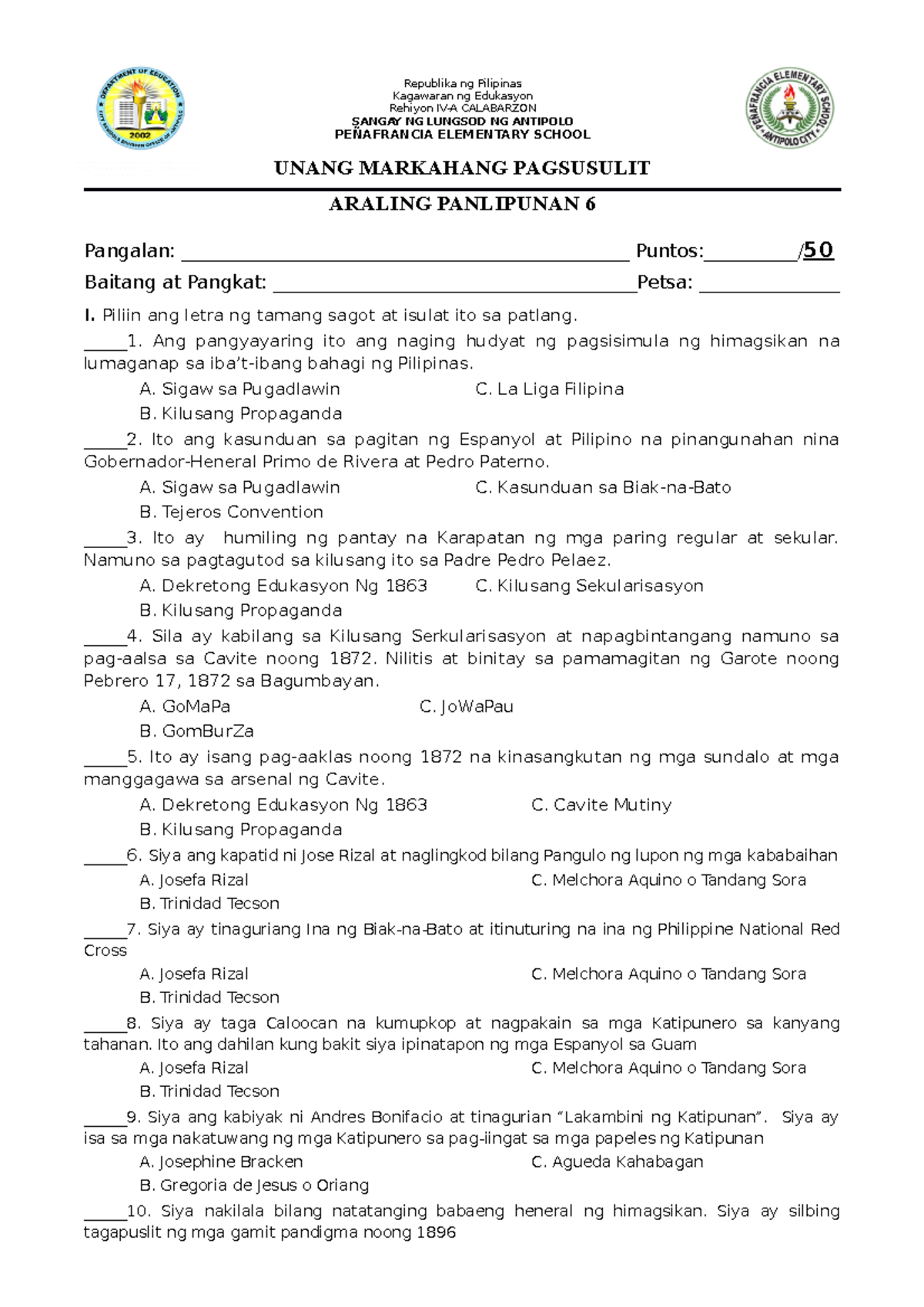 AP6 Unang- Markahang- Pagsusulit - Republika ng Pilipinas Kagawaran ng ...