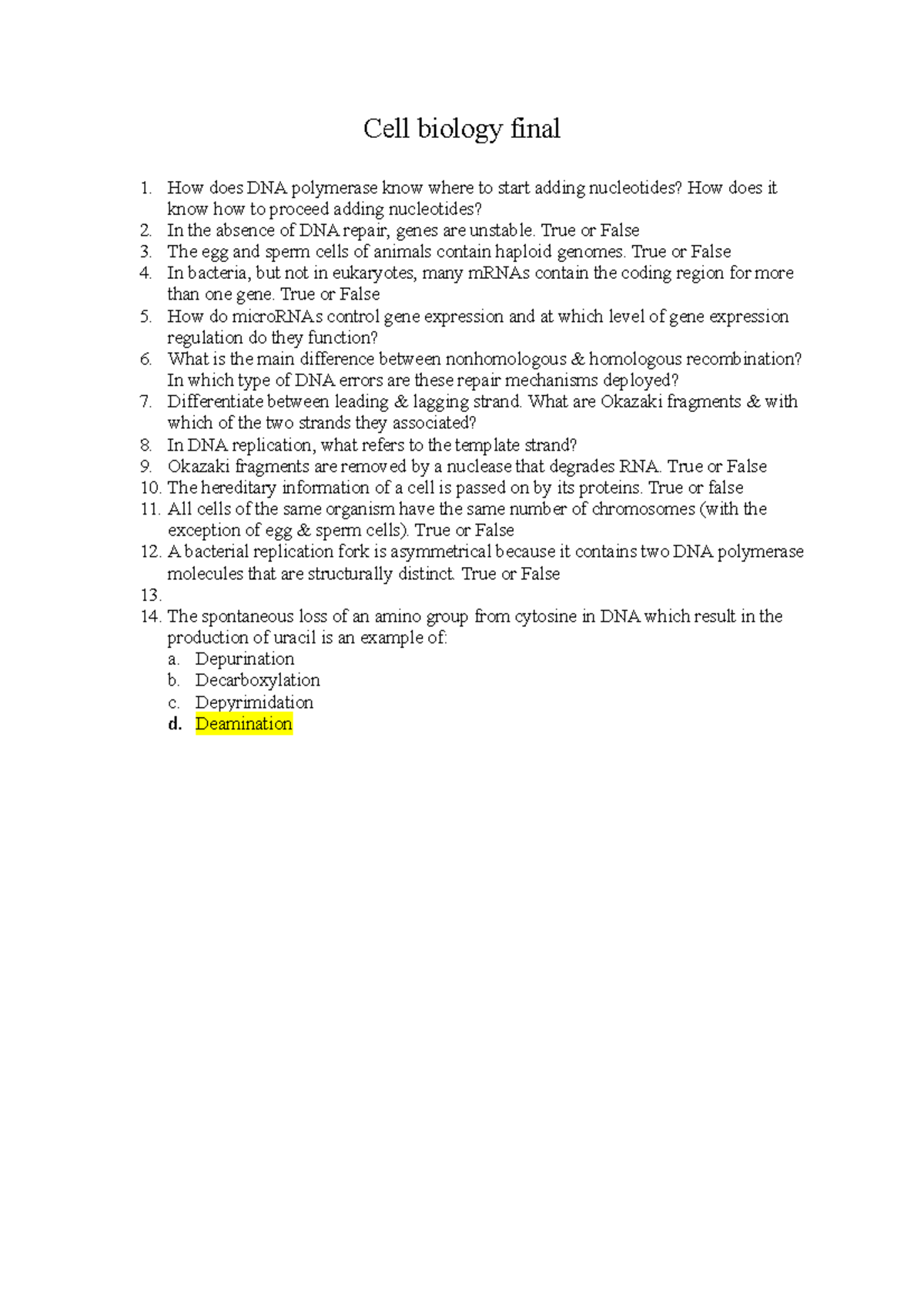 Cell biology final - Hwheheh - Cell biology final How does DNA ...