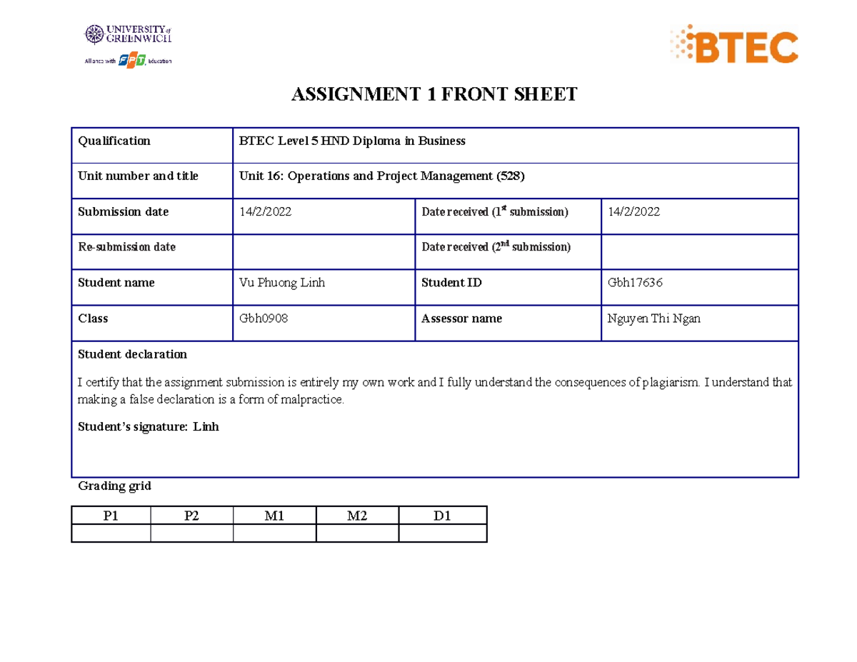 Unit 16 528 AS1 New frontsheets (Fall 2020) - ASSIGNMENT 1 FRONT SHEET Qualification BTEC Level ...