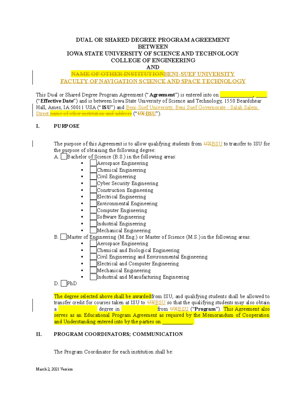 2021 03 19 Dual Shared Degree Program Template COE 2 1 - DUAL OR SHARED DEGREE PROGRAM AGREEMENT ...