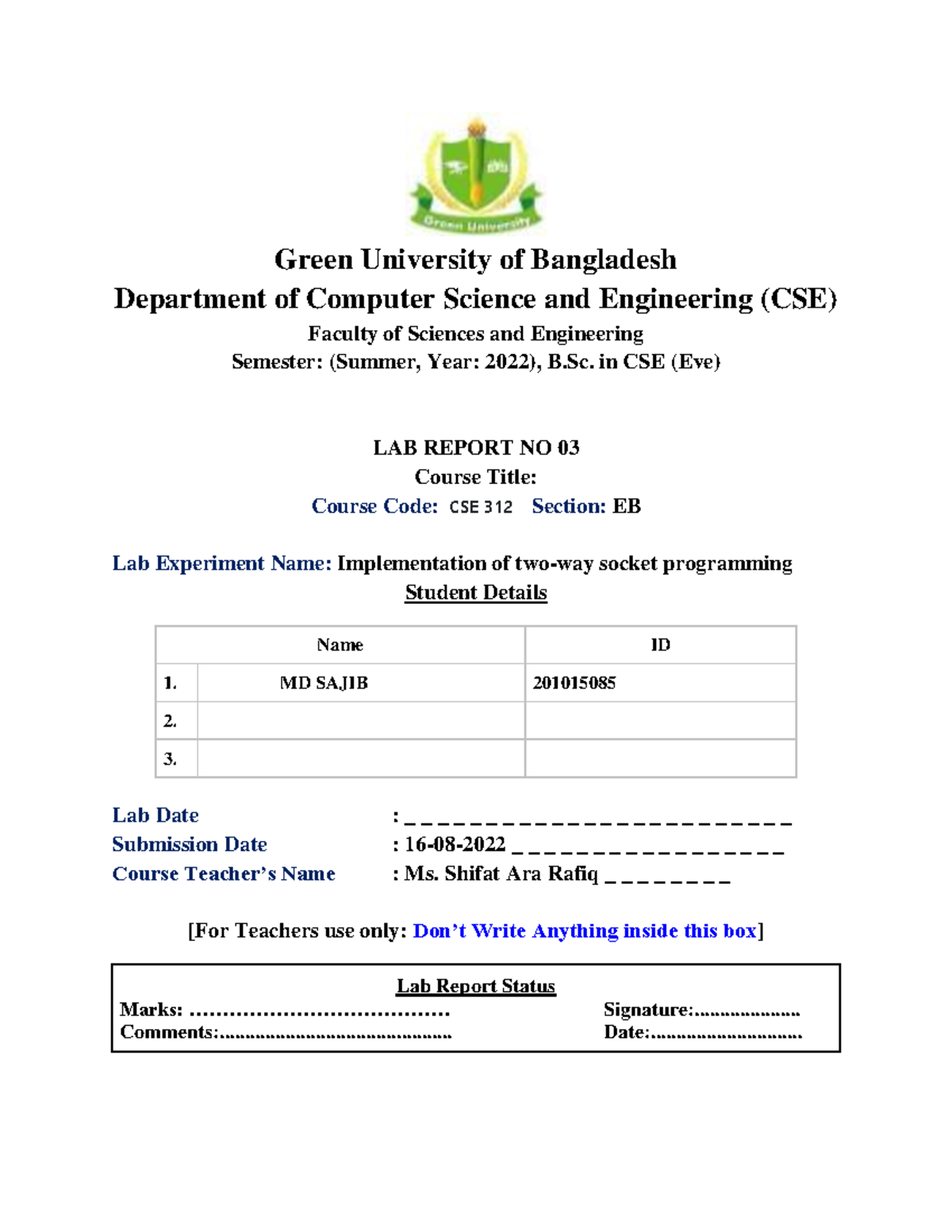 2010 15085 Md Sajib Lab-3 - Green University of Bangladesh Department ...