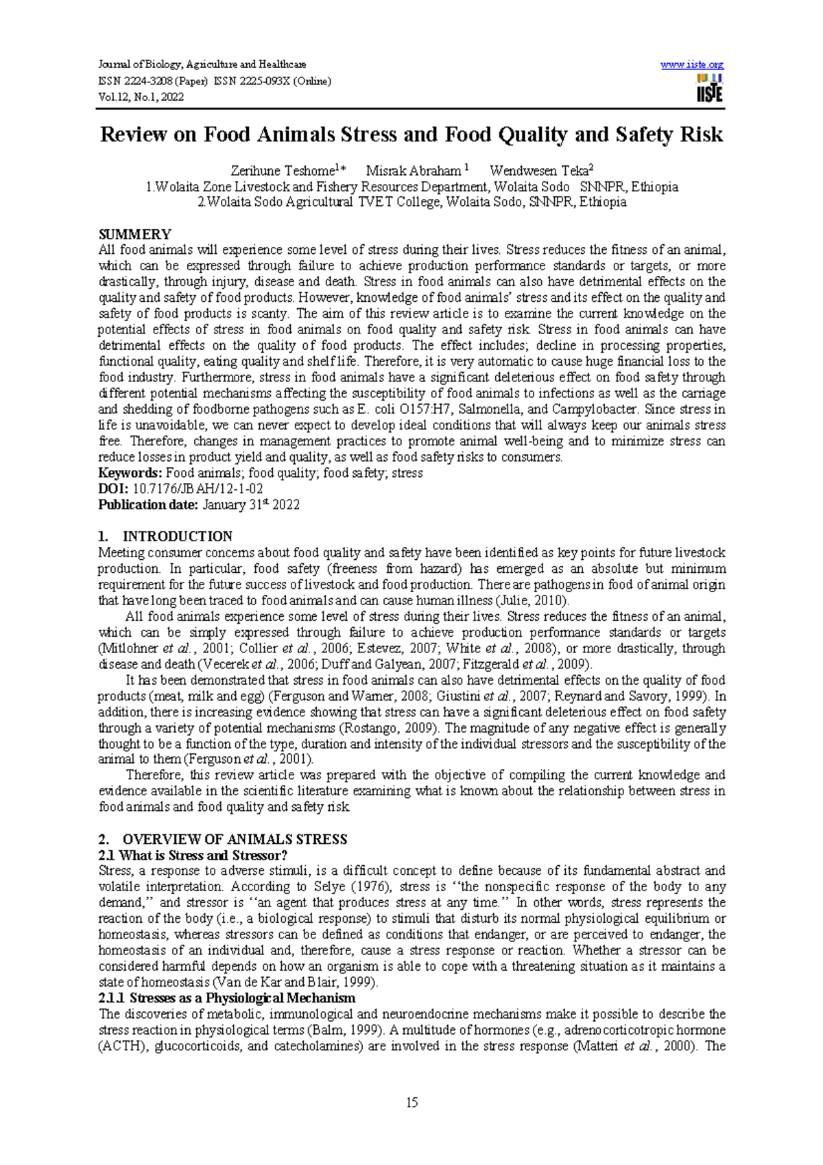 Review on Food Animals Stress and Food Quality and Safety Risk - ISSN ...