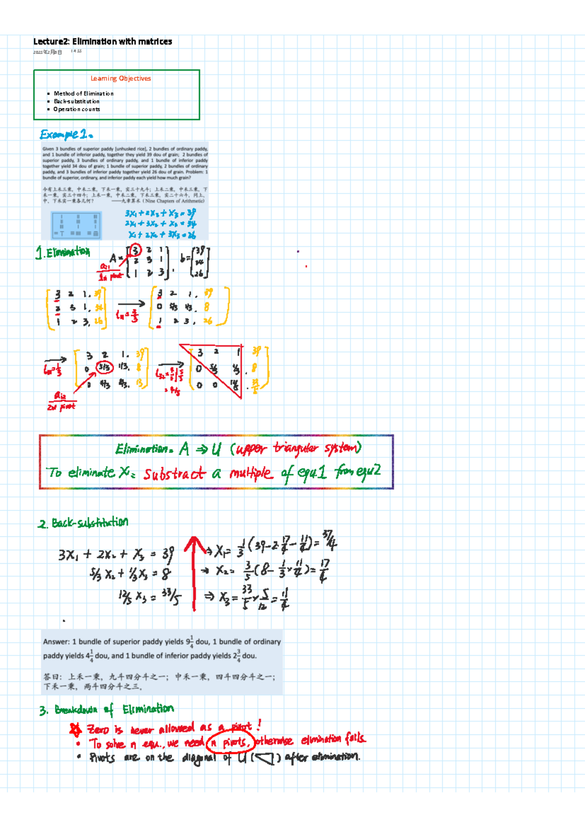 Lecture 2 aaaaaaaaaaaaaa - Lecture2: Elimination with matrices 2023 14:33 Learning Objectives ...